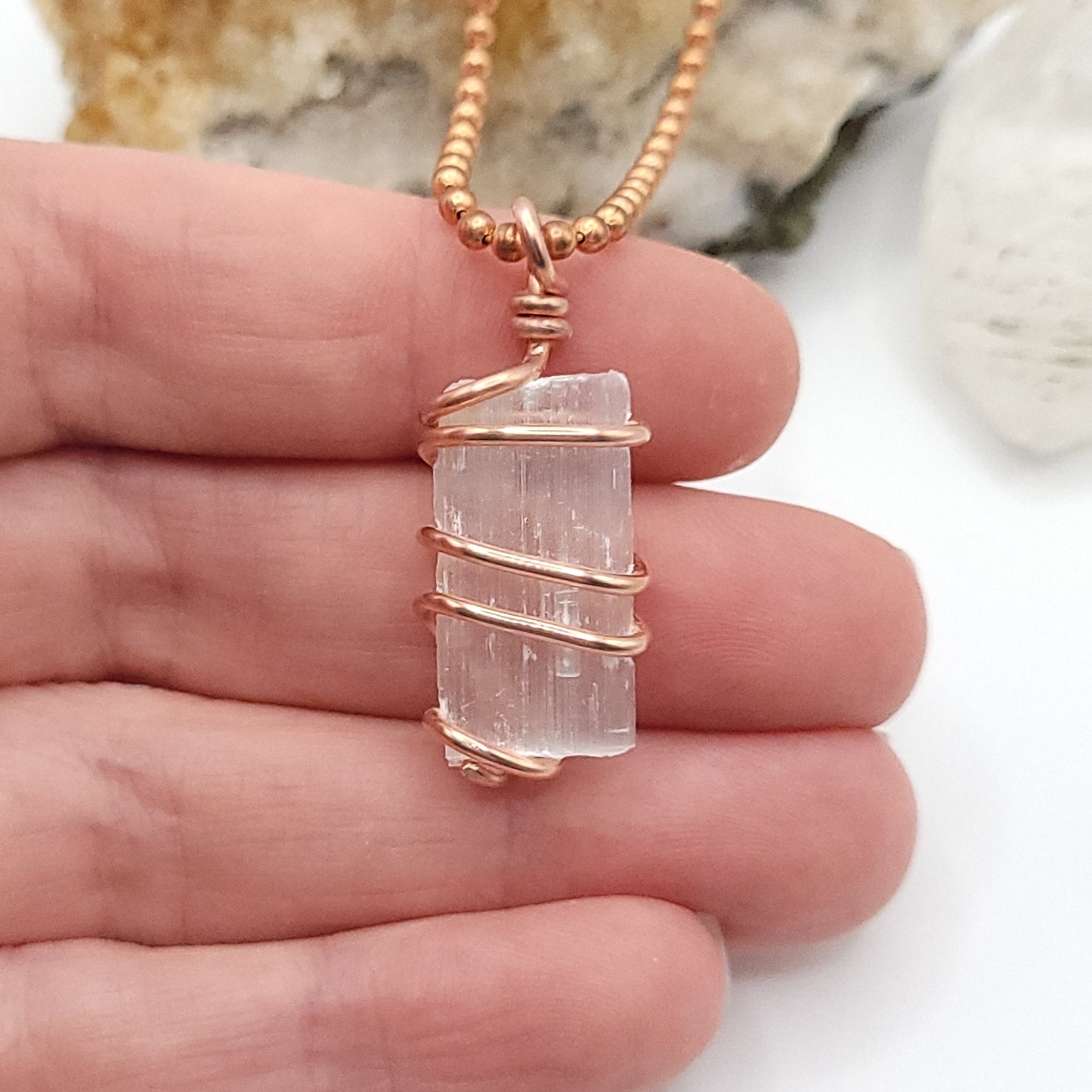 Raw Selenite Crystal Necklace Copper Wire Pendant ElevatingVibrations
